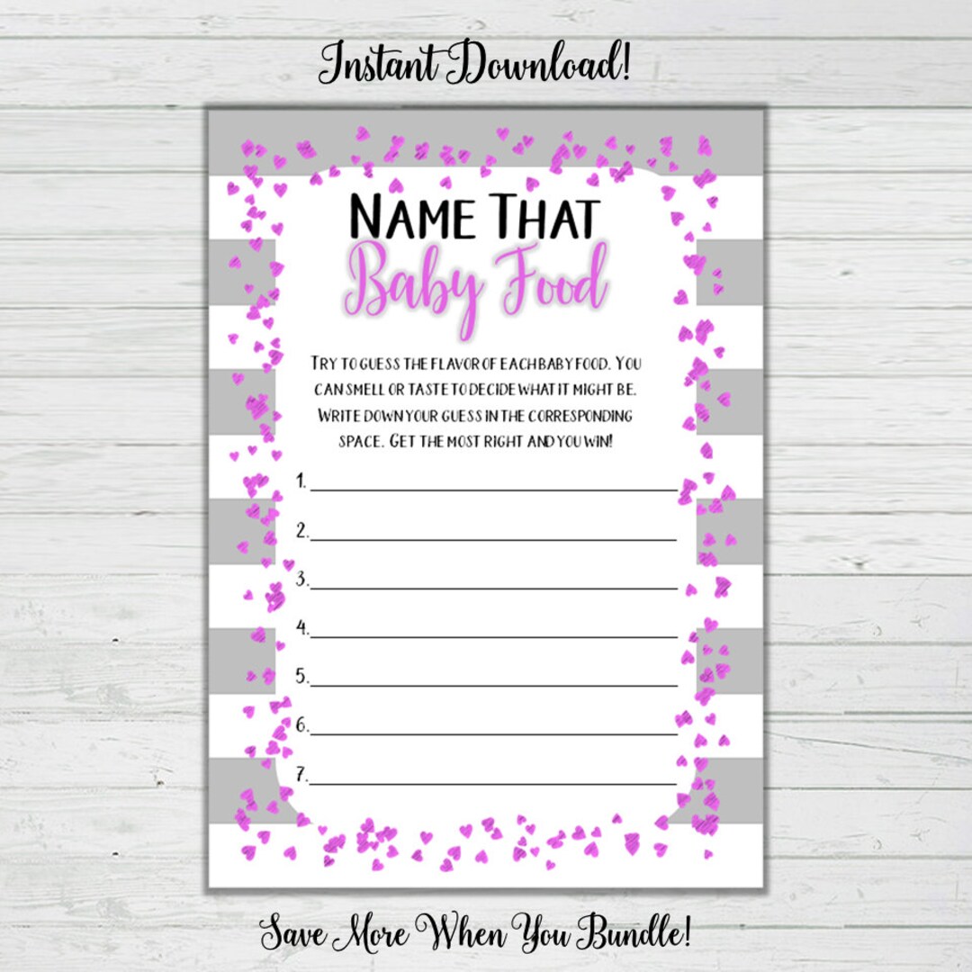 Name That Baby Food Game - Pink and Grey Baby Shower Games - Girl Baby ...