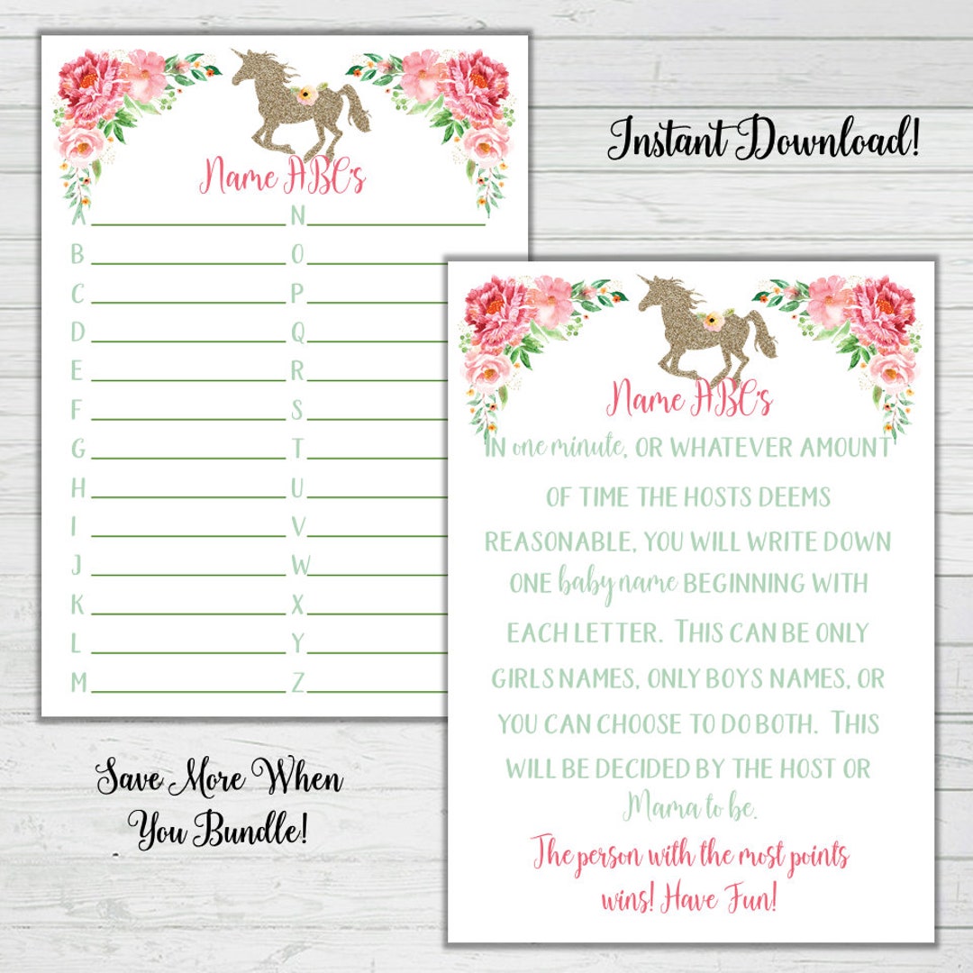 Unicorn Baby Shower Games -baby Name Baby Shower Game - Mint Pink Gold ...