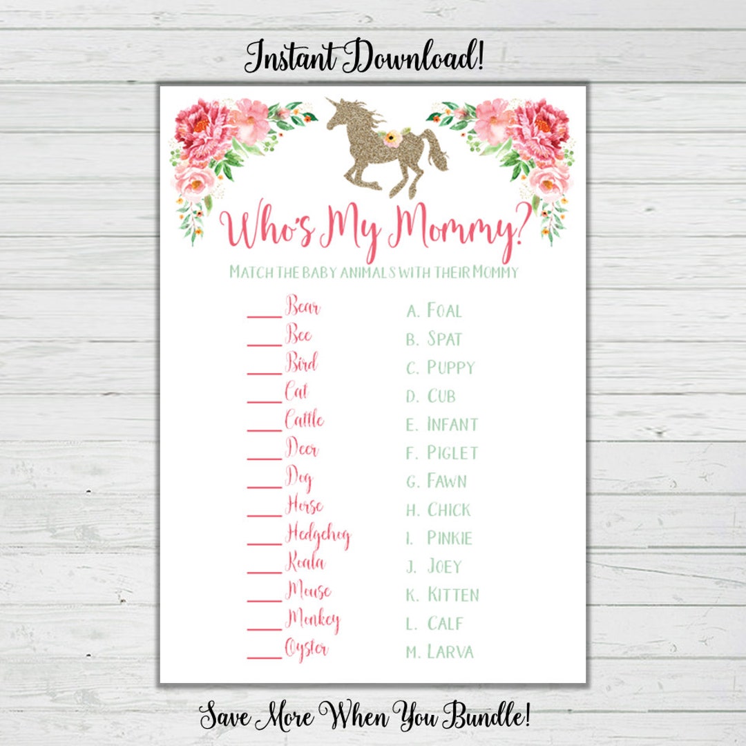 Unicorn Baby Shower Games - Baby Animals Matching Game - Mint Pink Gold ...