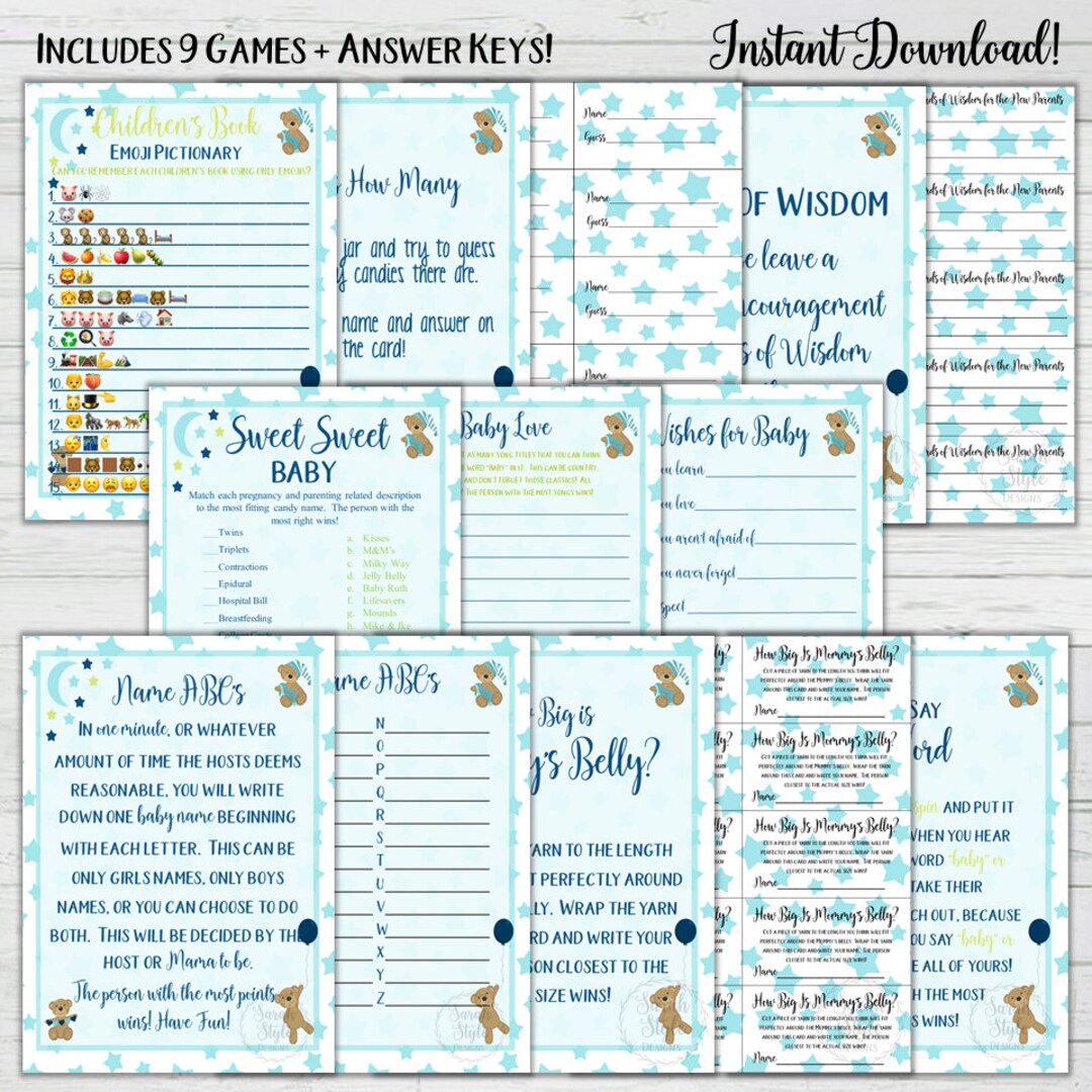 Baby Shower 9 Game Bundle - Boy Baby Shower Games - Party Pack - Game ...