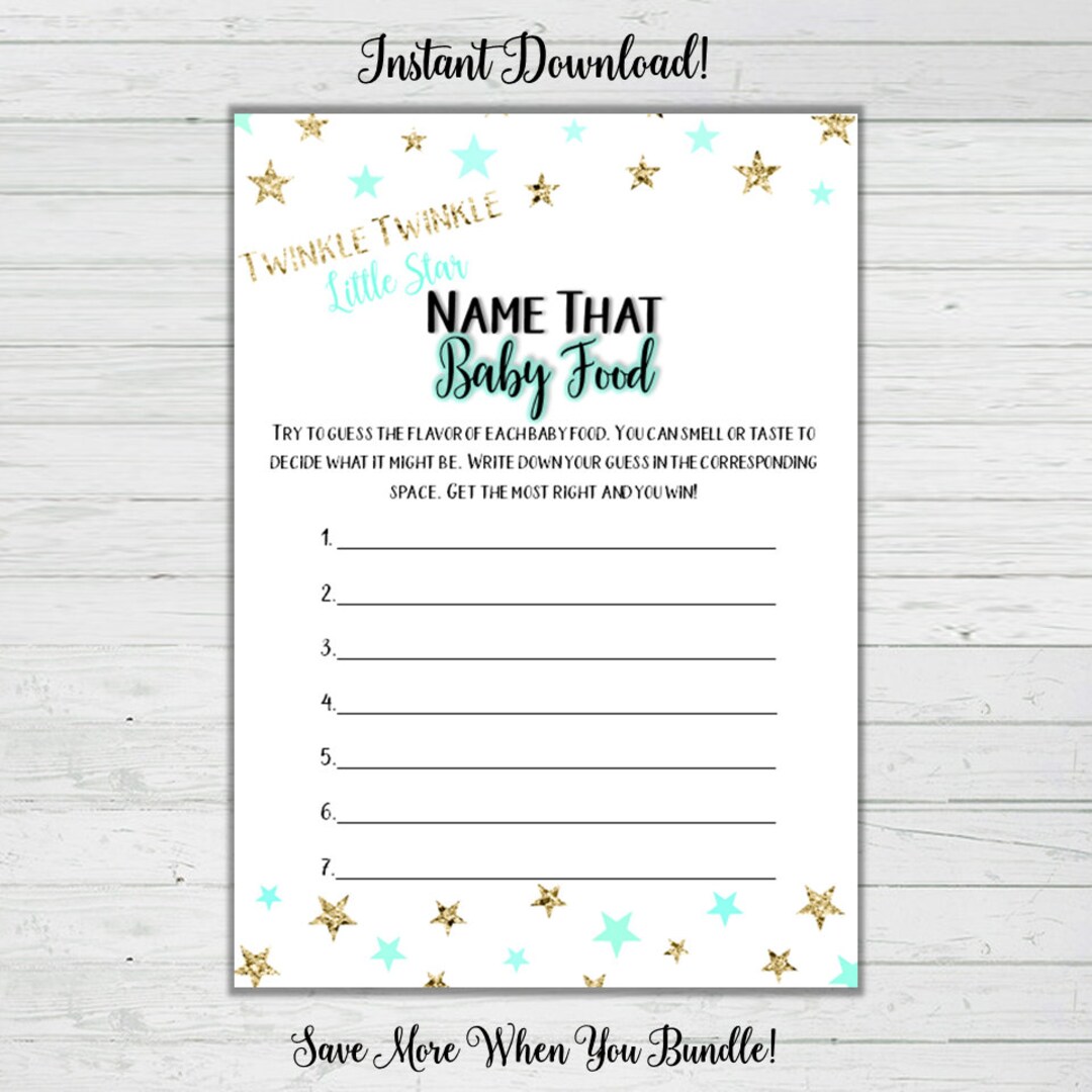 Name That Baby Food Baby Shower Game - Mint and Gold Stars - Baby ...