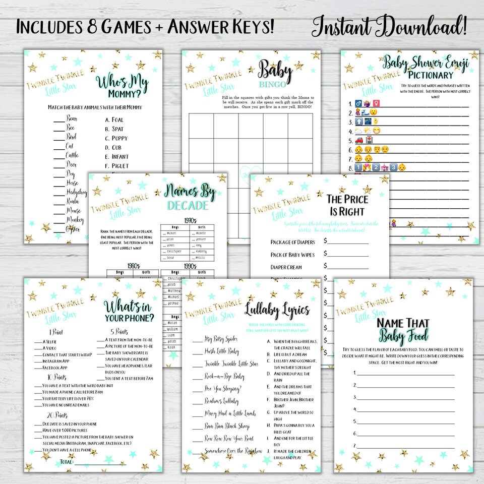 Baby Shower 8 Game Bundle Answer Keys Mint and Gold Baby Shower Game ...