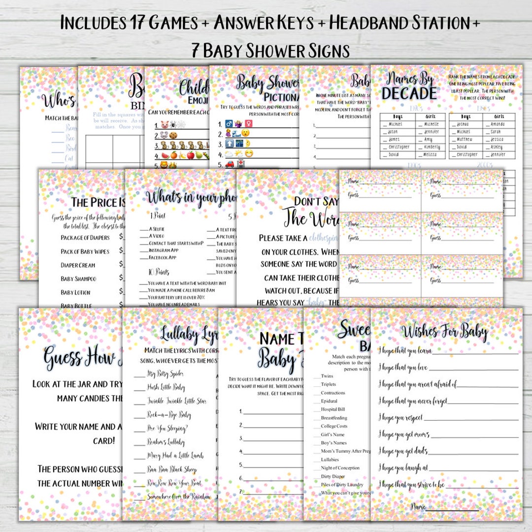 Baby Shower 17 Game Bundle + Answer Keys - 7 Baby Shower Signs ...