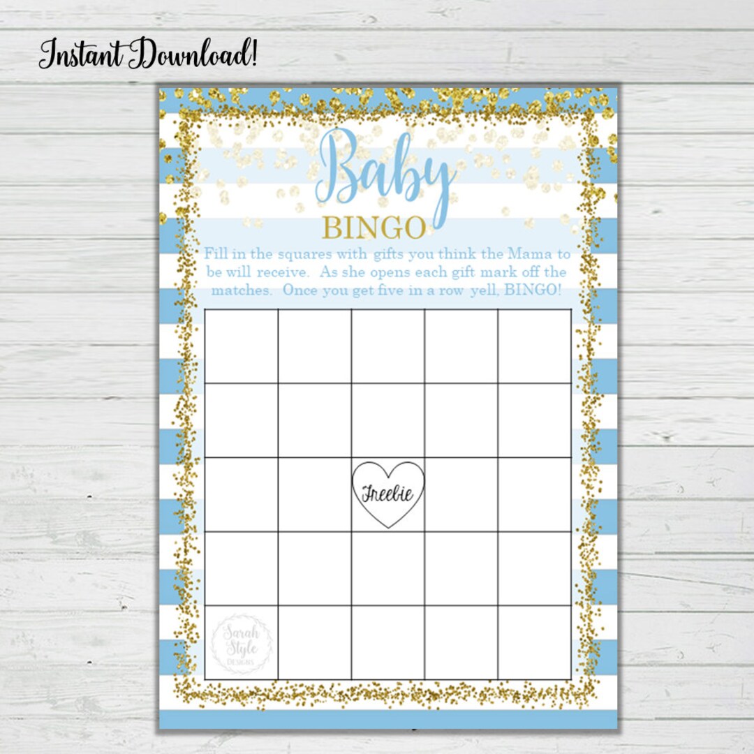 Blue and Gold Baby Shower Bingo Game Instant Download Digital Printable ...