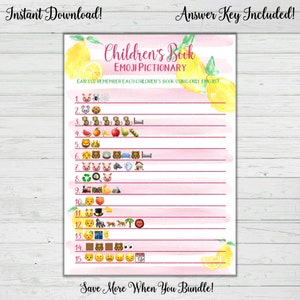 Children's Book Emoji Pictionary Game- Pink Lemonade Baby Shower Games ...
