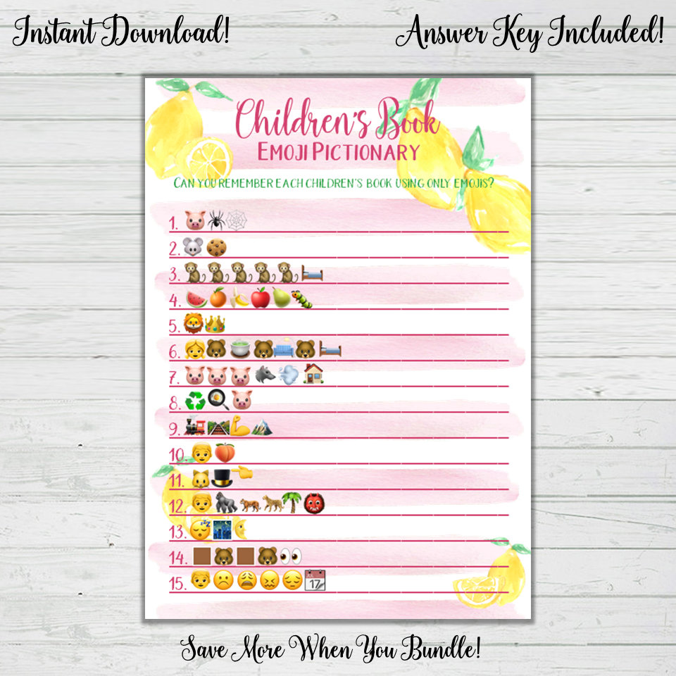 Children's Book Emoji Pictionary Game- Pink Lemonade Baby Shower Games ...