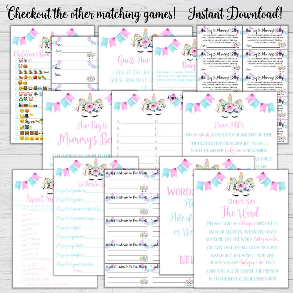 Unicorn Baby Shower Games -baby Name Baby Shower Game - Turquoise Pink ...