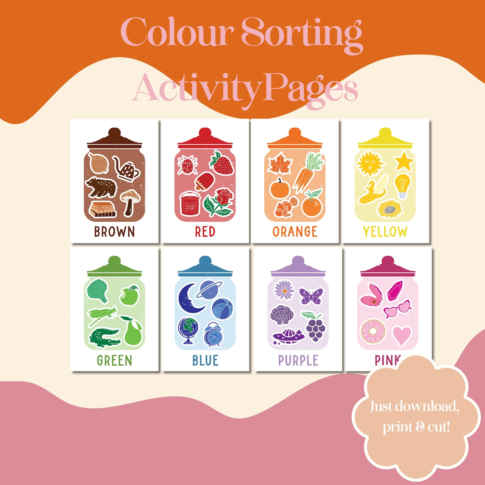 Colour Sorting Jars, Toddler Activity Sheets, Educational, Learning ...