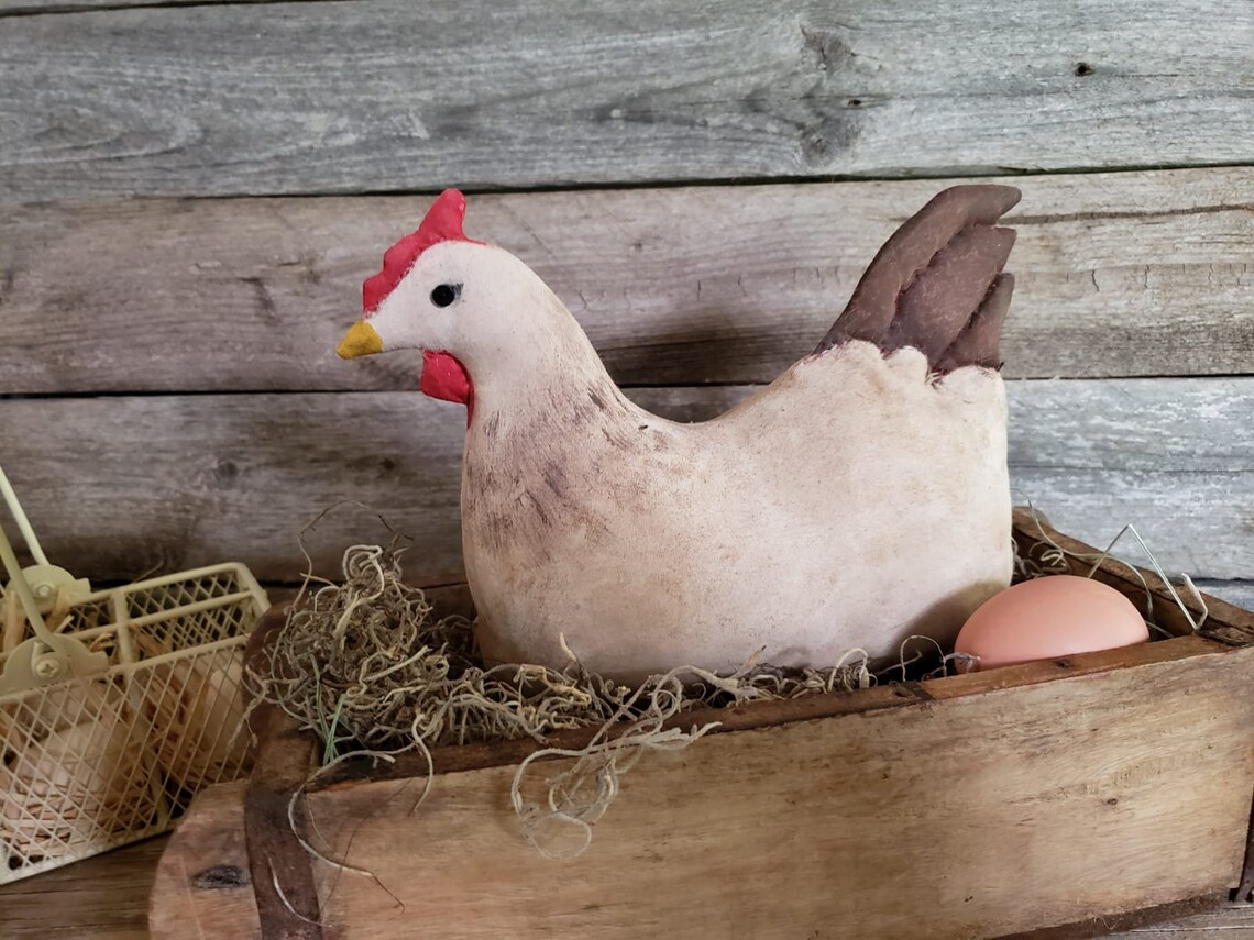 Primitive Chicken Shelf Sitter Hen Doll ~ Fabric Hen Animals Farmhouse ...