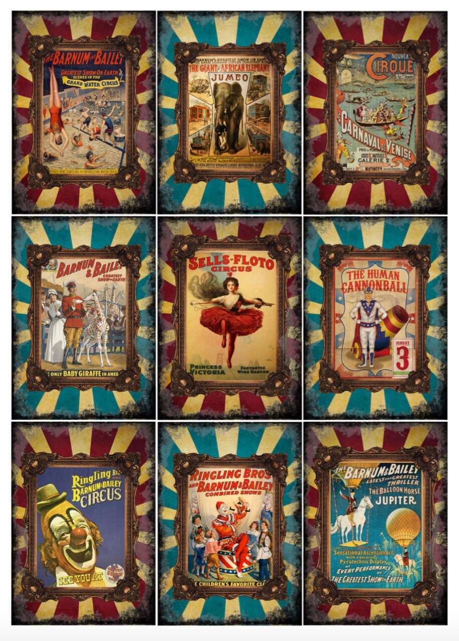 Vintage Circus Digital Pocket Letter ATC Set of 9 Cards Collage Sheet ...
