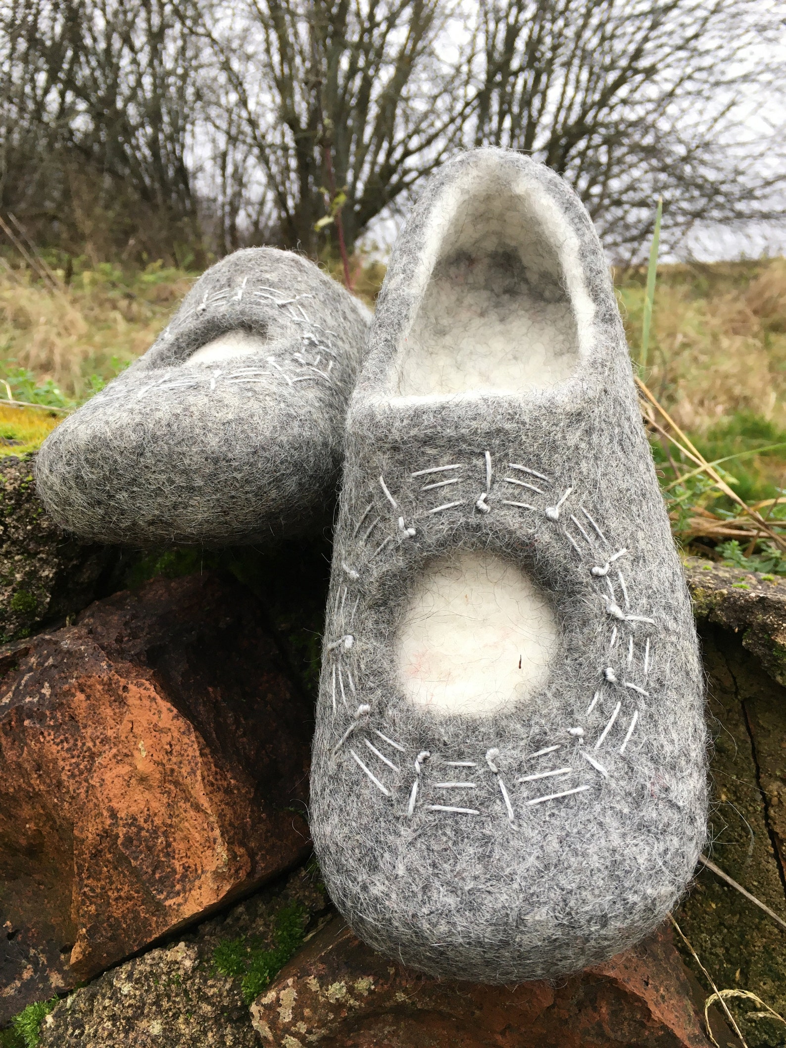 Felted Woolen Clogs in Country Style Natural Grey Slippers for Women ...