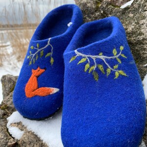Felted Slippers Blue With a Fox Comfortable Women's Slippers Made of ...