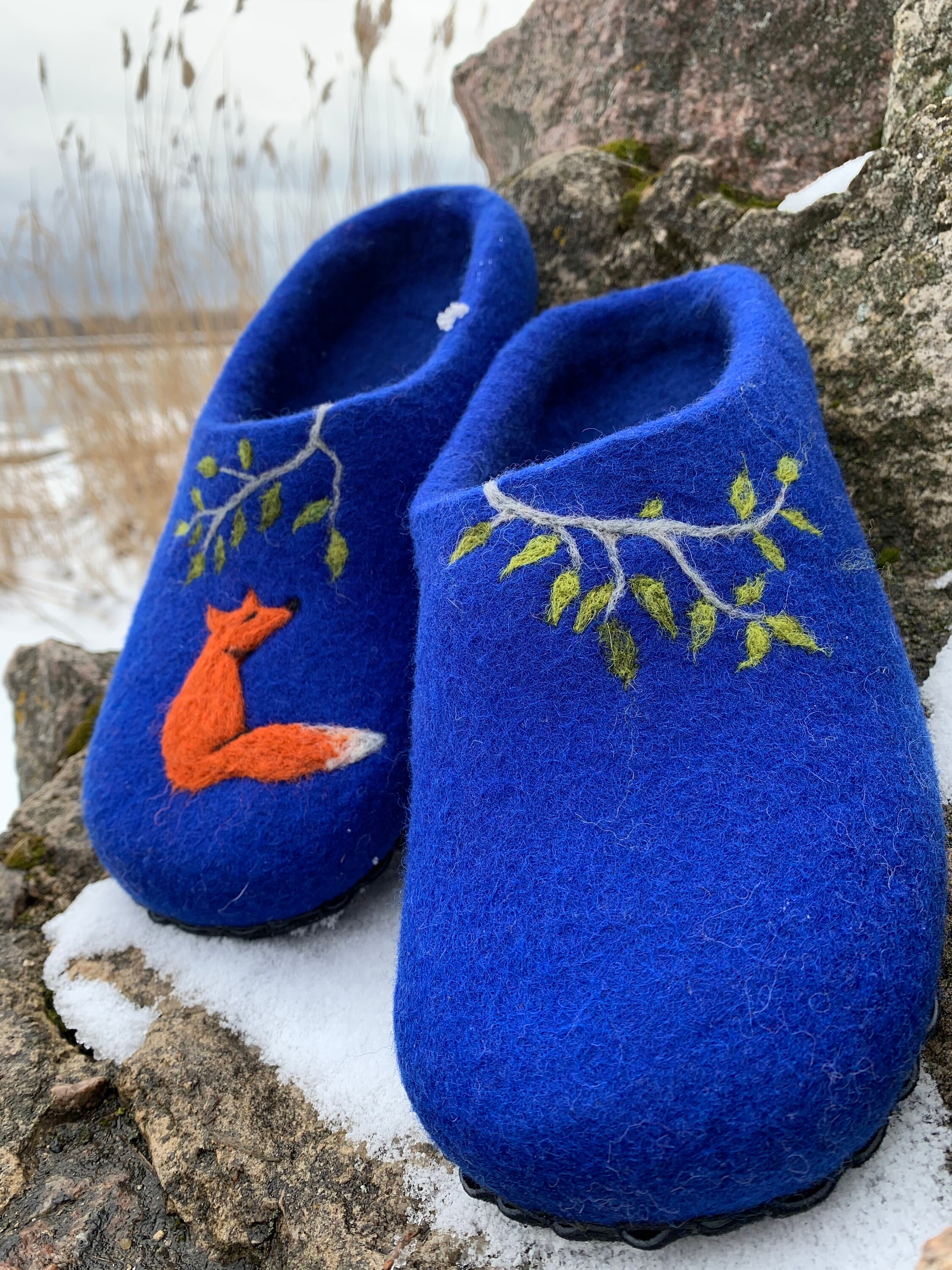 Felted Slippers Blue With a Fox Comfortable Women's Slippers Made of ...