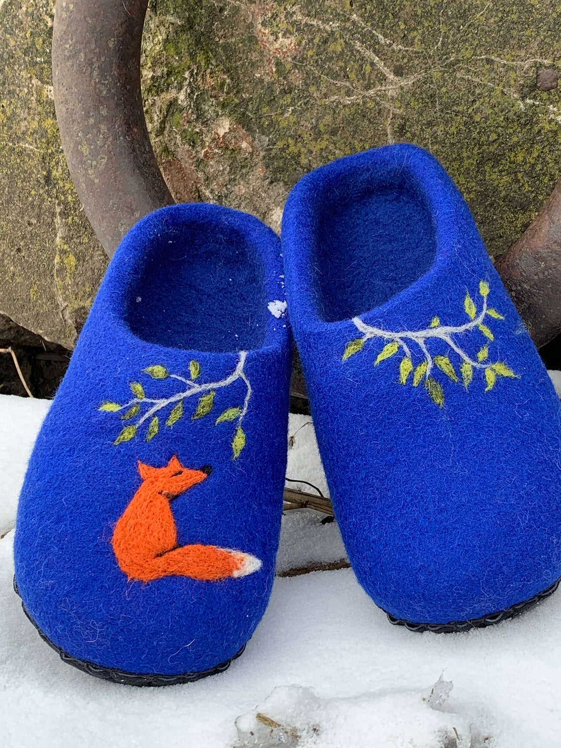 Felted Slippers Blue With a Fox Comfortable Women's - Etsy