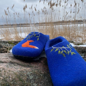 Felted Slippers Blue With a Fox Comfortable Women's Slippers Made of ...