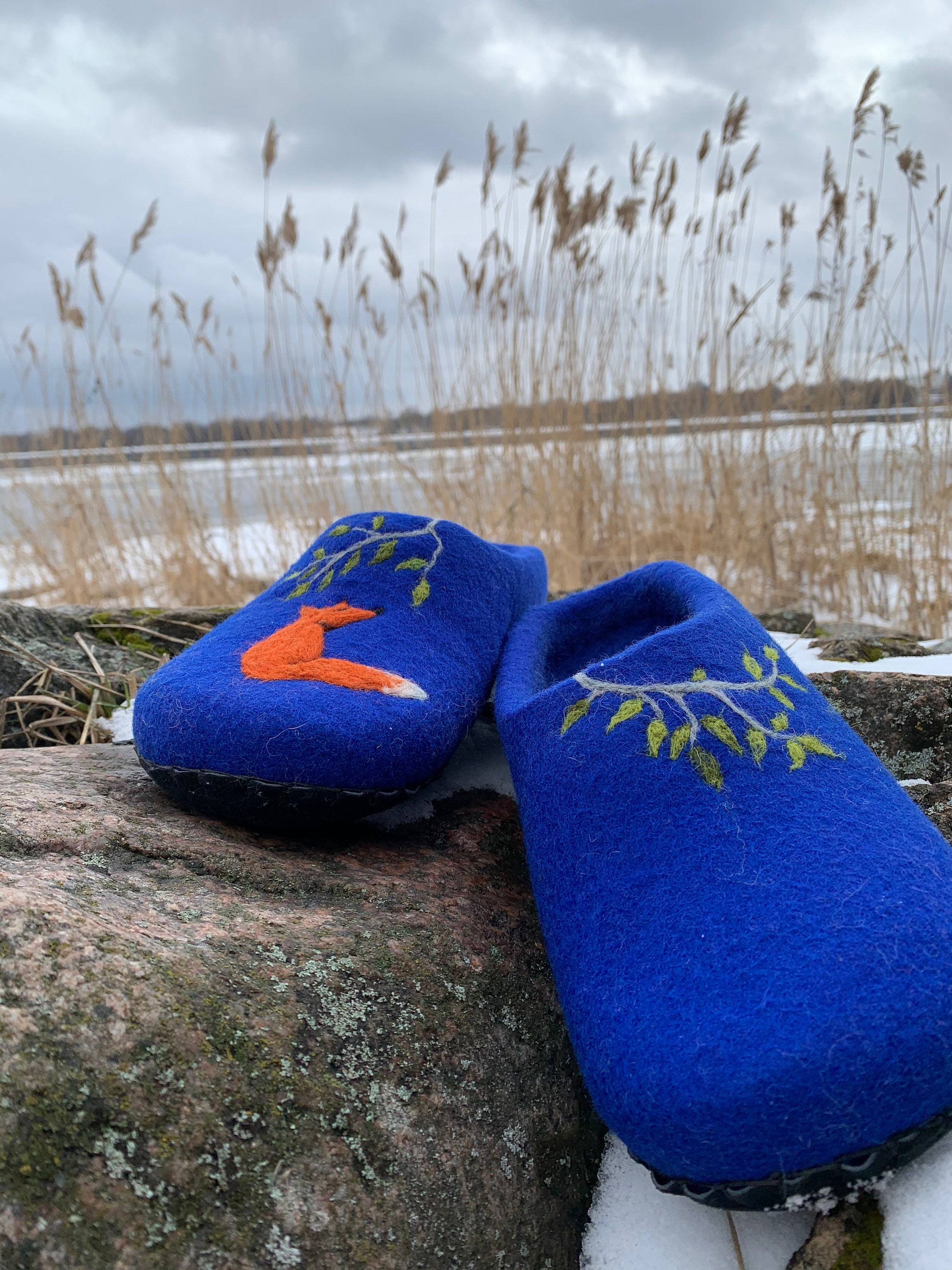 Felted Slippers Blue With a Fox Comfortable Women's Slippers Made of ...