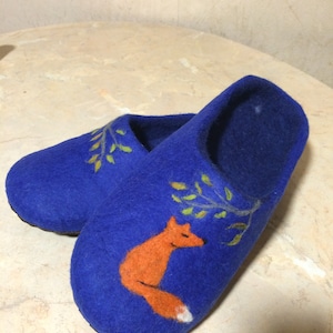 Felted Slippers Blue With a Fox Comfortable Women's Slippers Made of ...