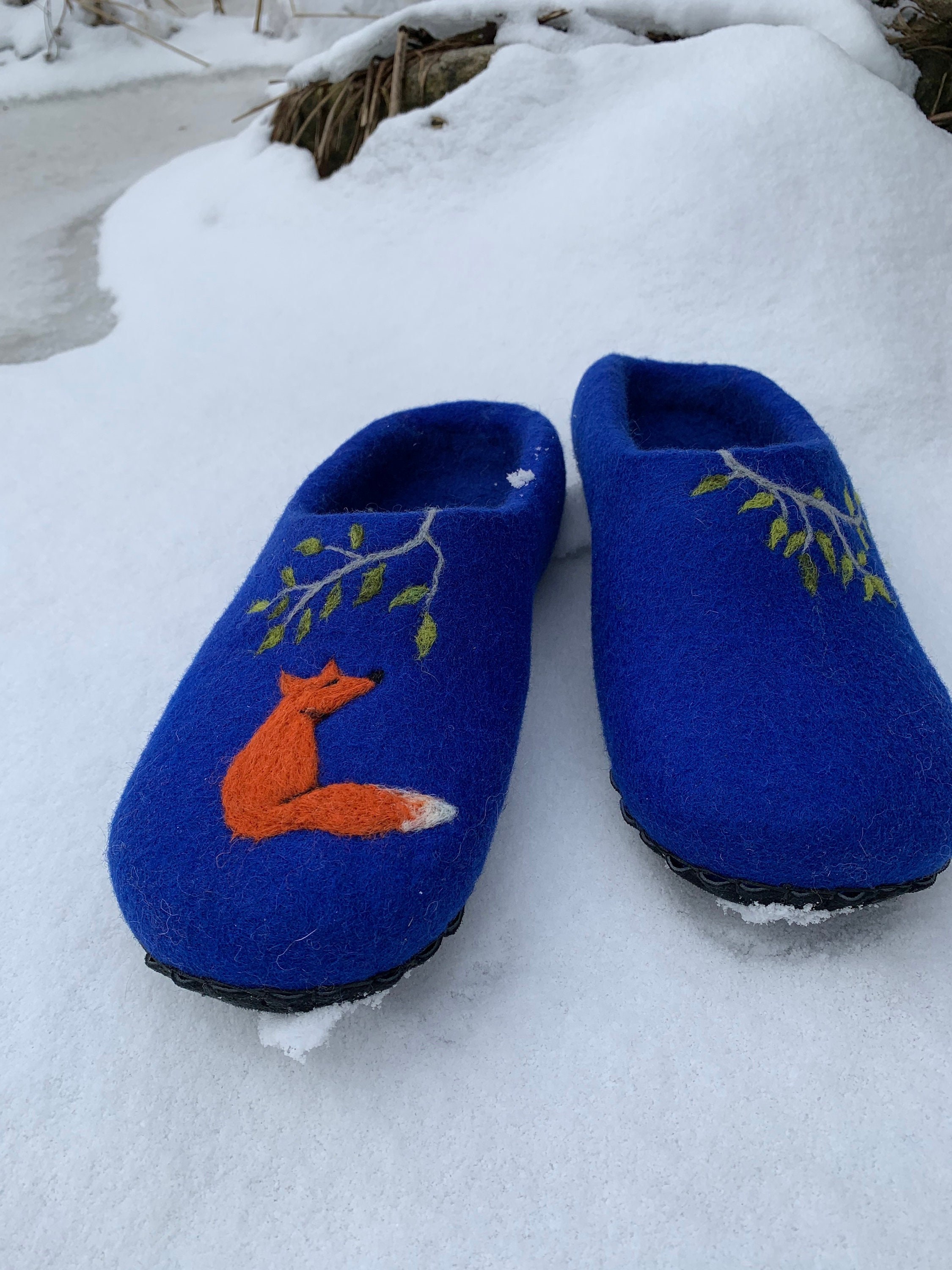 Felted Slippers Blue With a Fox Comfortable Women's Slippers Made of ...