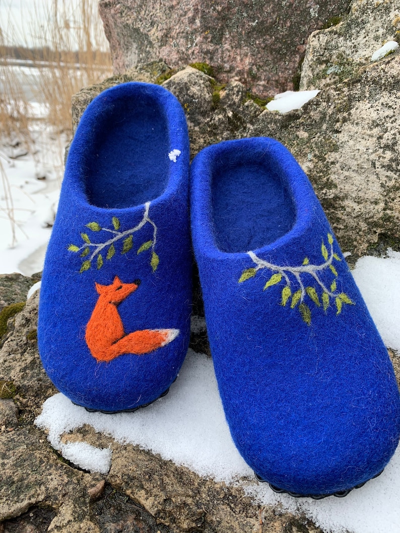 Felted Slippers Blue With a Fox Comfortable Women's - Etsy