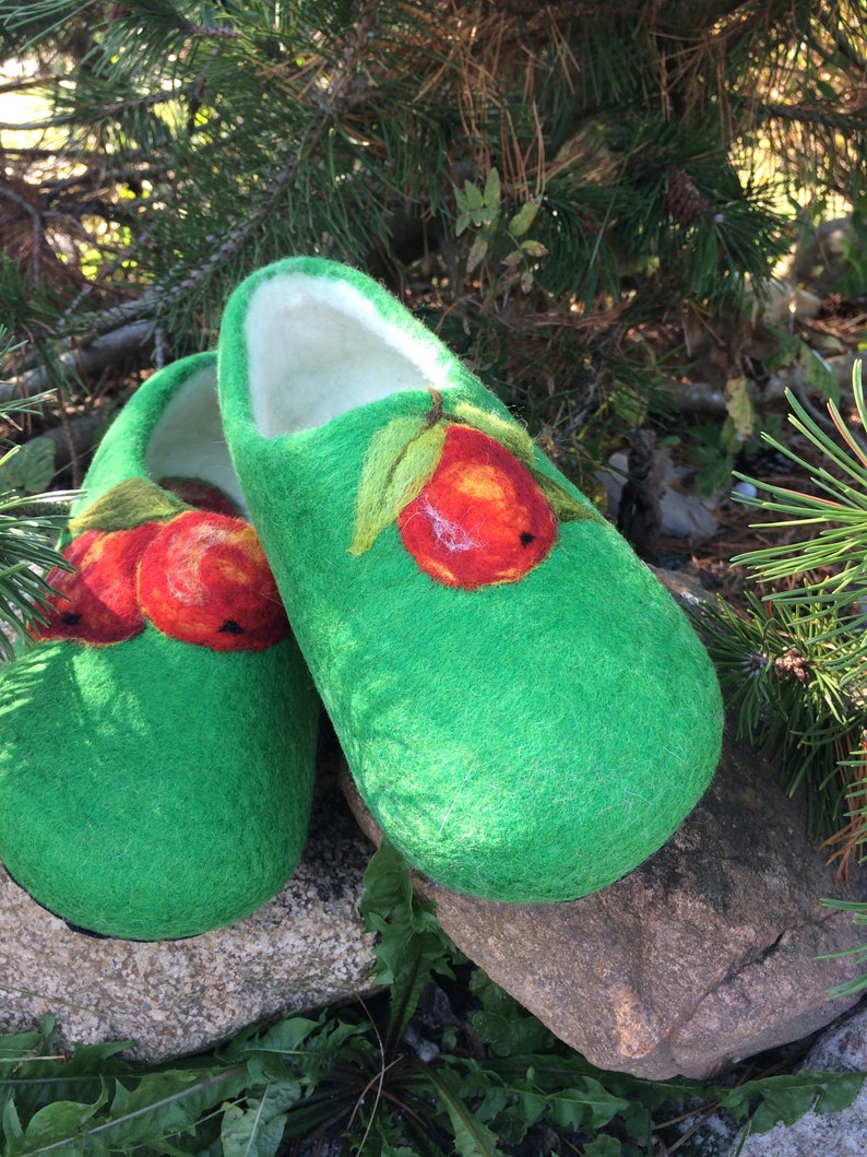 Felted Wool Slippers: Green Apple Design, Women's Size 8-9 - Etsy
