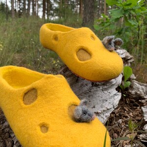 Yellow Felted Slippers Unisex Cheese and Mouse Made From Sheep Wool A ...