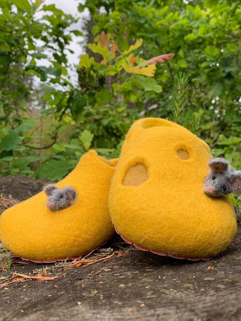 Felted Wool Slippers: Yellow Cheese With Mouse, Unisex Shoes - Etsy