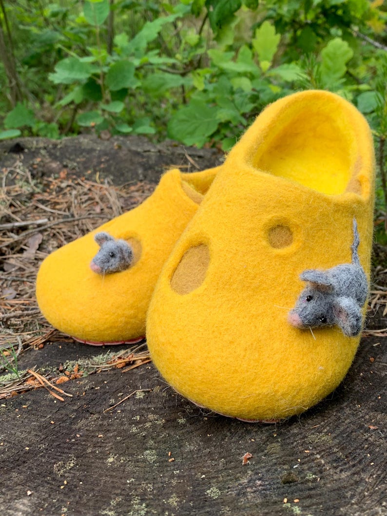 Felted Wool Slippers: Yellow Cheese With Mouse, Unisex Shoes - Etsy