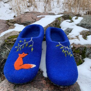 Felted Slippers Blue With a Fox Comfortable Women's Slippers Made of ...