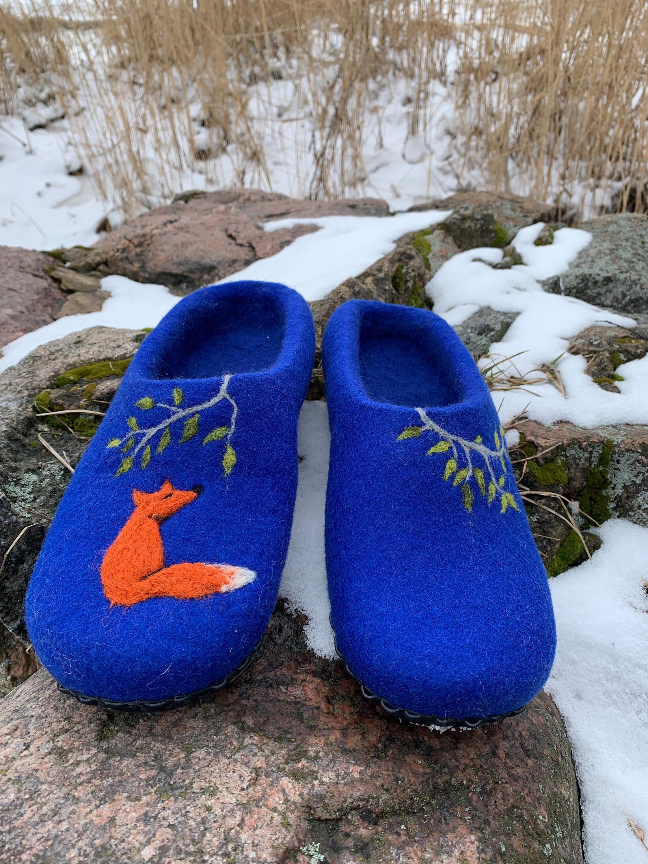 Felted Slippers Blue With a Fox Comfortable Women's Slippers Made of ...