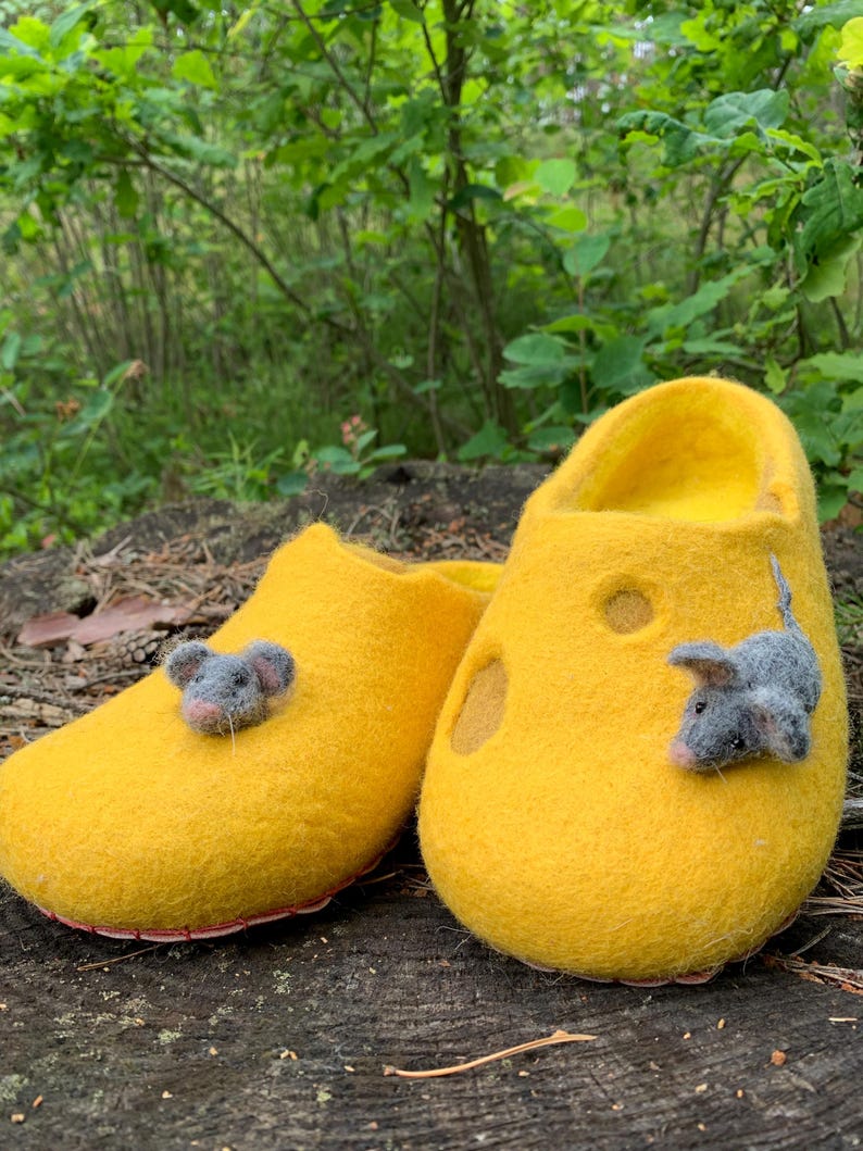 Felted Wool Slippers: Yellow Cheese With Mouse, Unisex Shoes - Etsy
