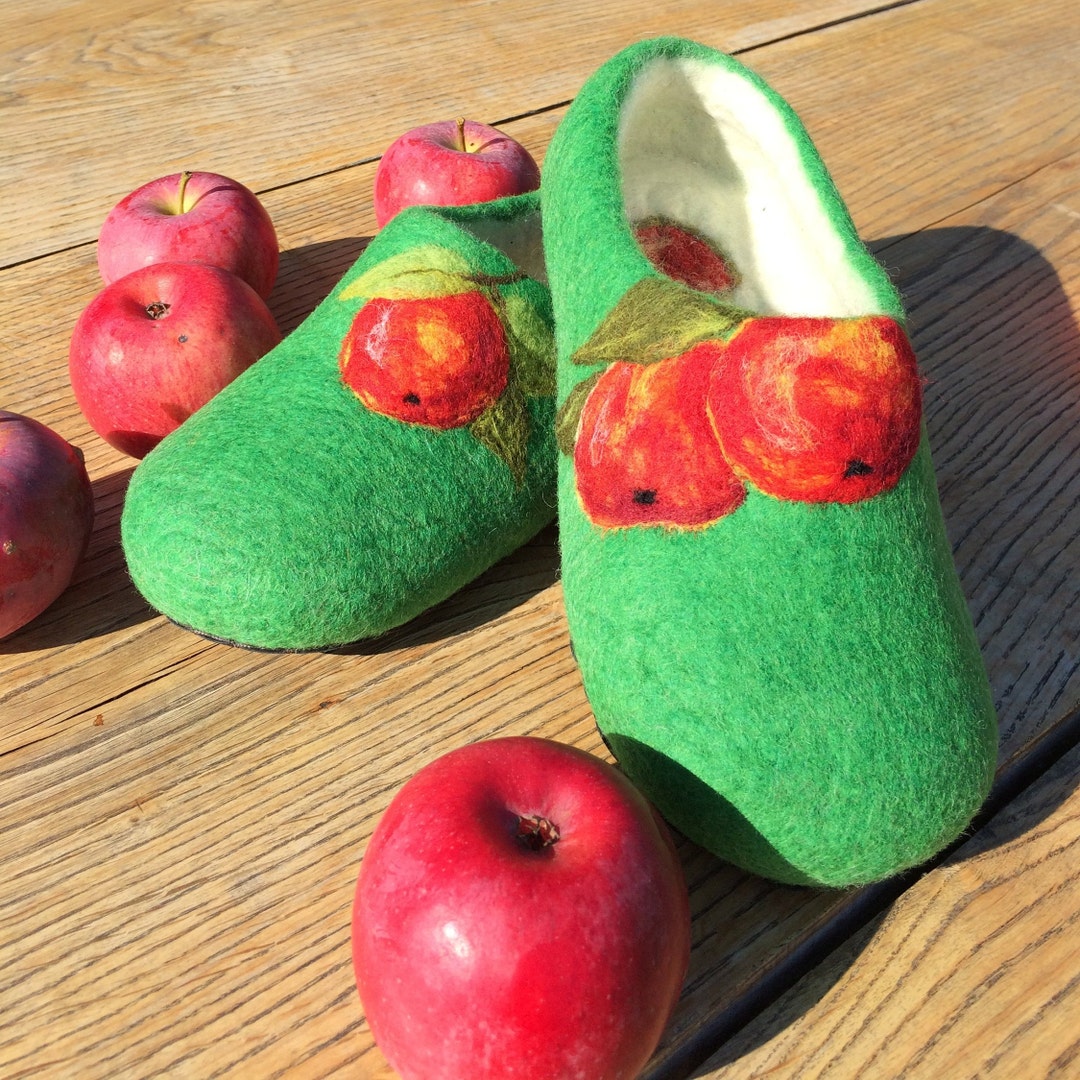 Felted Wool Slippers: Green Apple Design, Women's Size 8-9 - Etsy