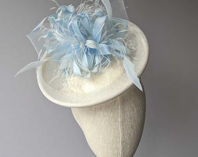 Ivory With Sky Blue Feather Hat, Ladies Luncheon Hatinator. Blue ...