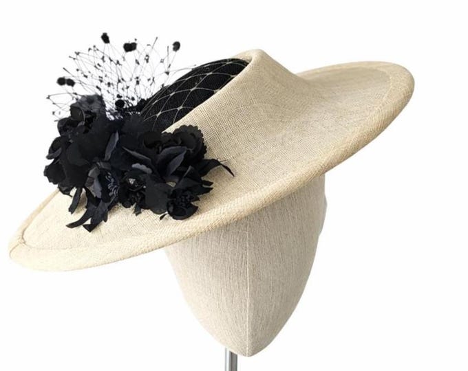 Black and Natural Straw Formal Hat With Silk Flowers and Veiling ...