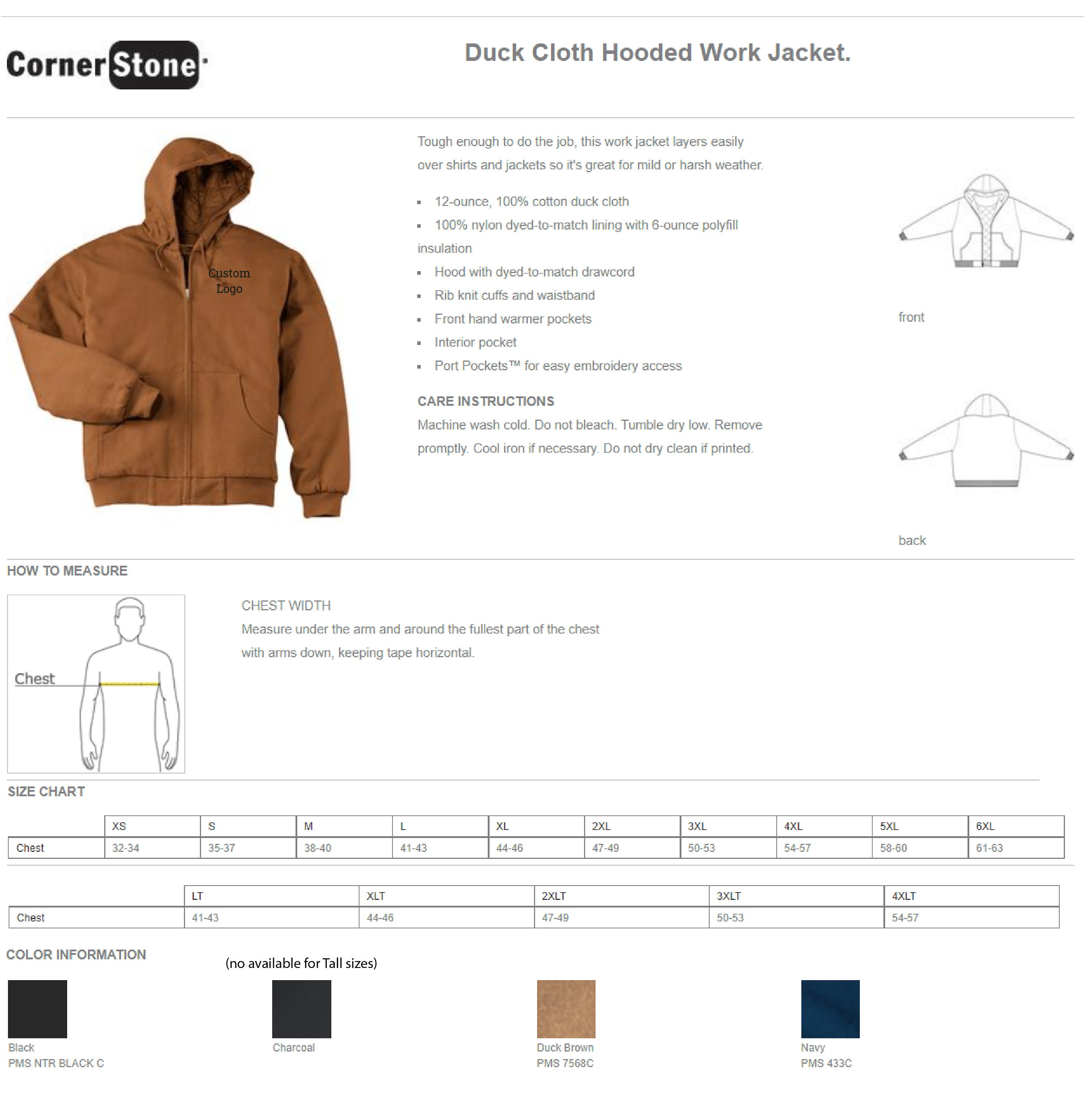 Custom Embroidered Cornerstone Duck Cloth Hooded Work Jacket Full-zip ...