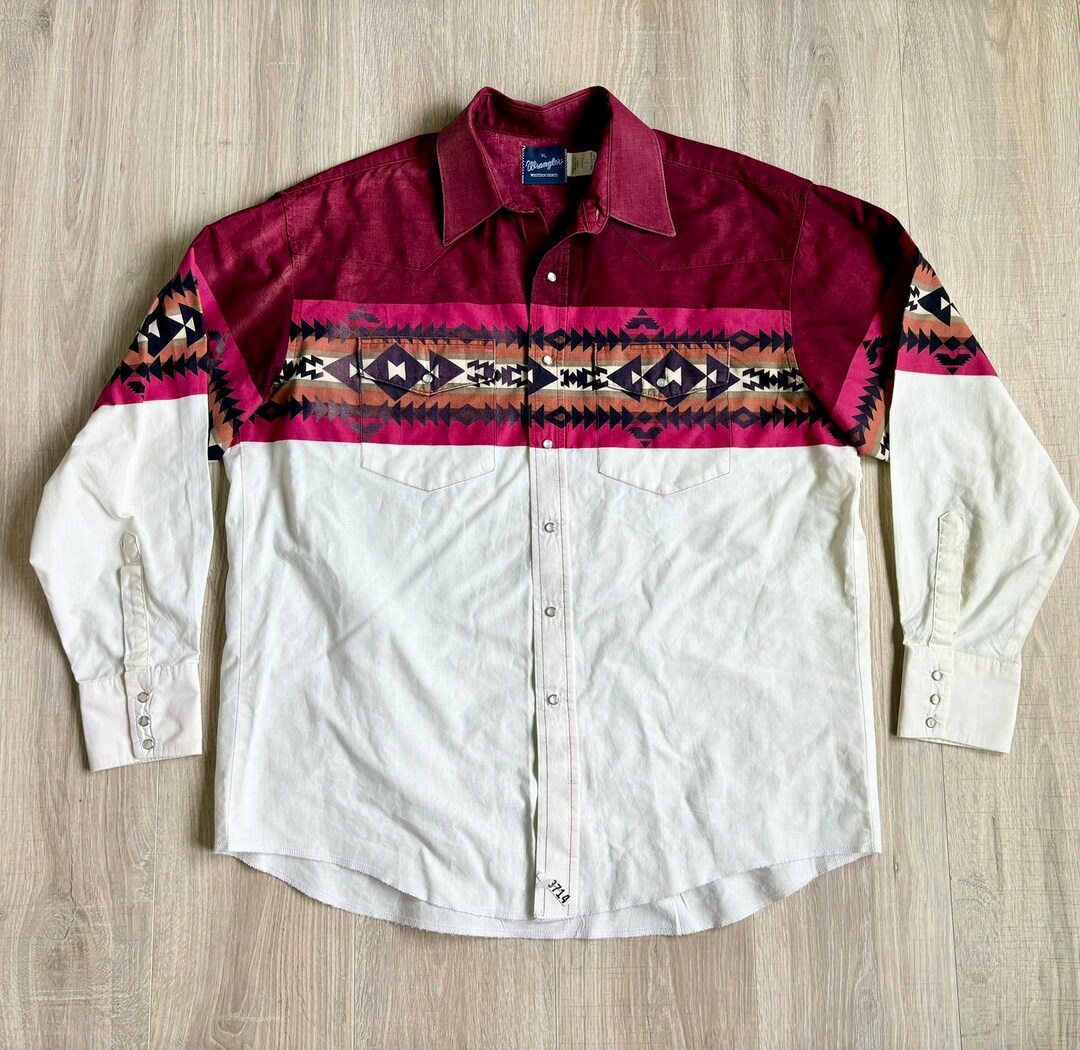 L/XL Vintage 90s Wrangler Maroon / White / Aztec Strip Southwestern ...