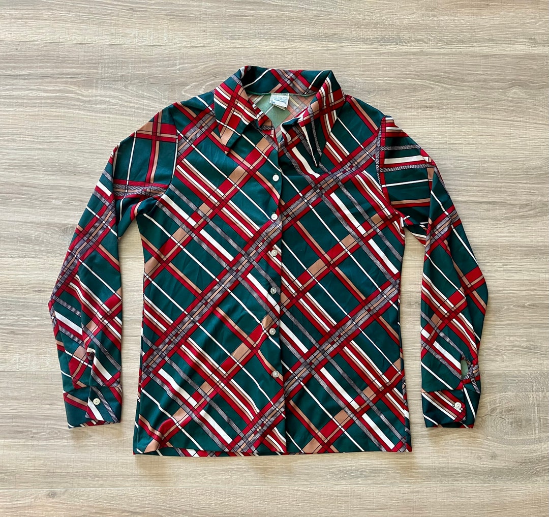 Sm/med Vintage 70s Plaid / Art Deco / Disco Polyester Button up Shirt ...