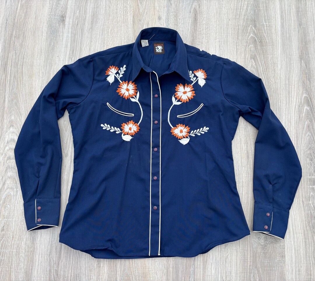 Vintage 70s Western Navy Blue Embroidered Pearl Snap by Karman - Medium ...