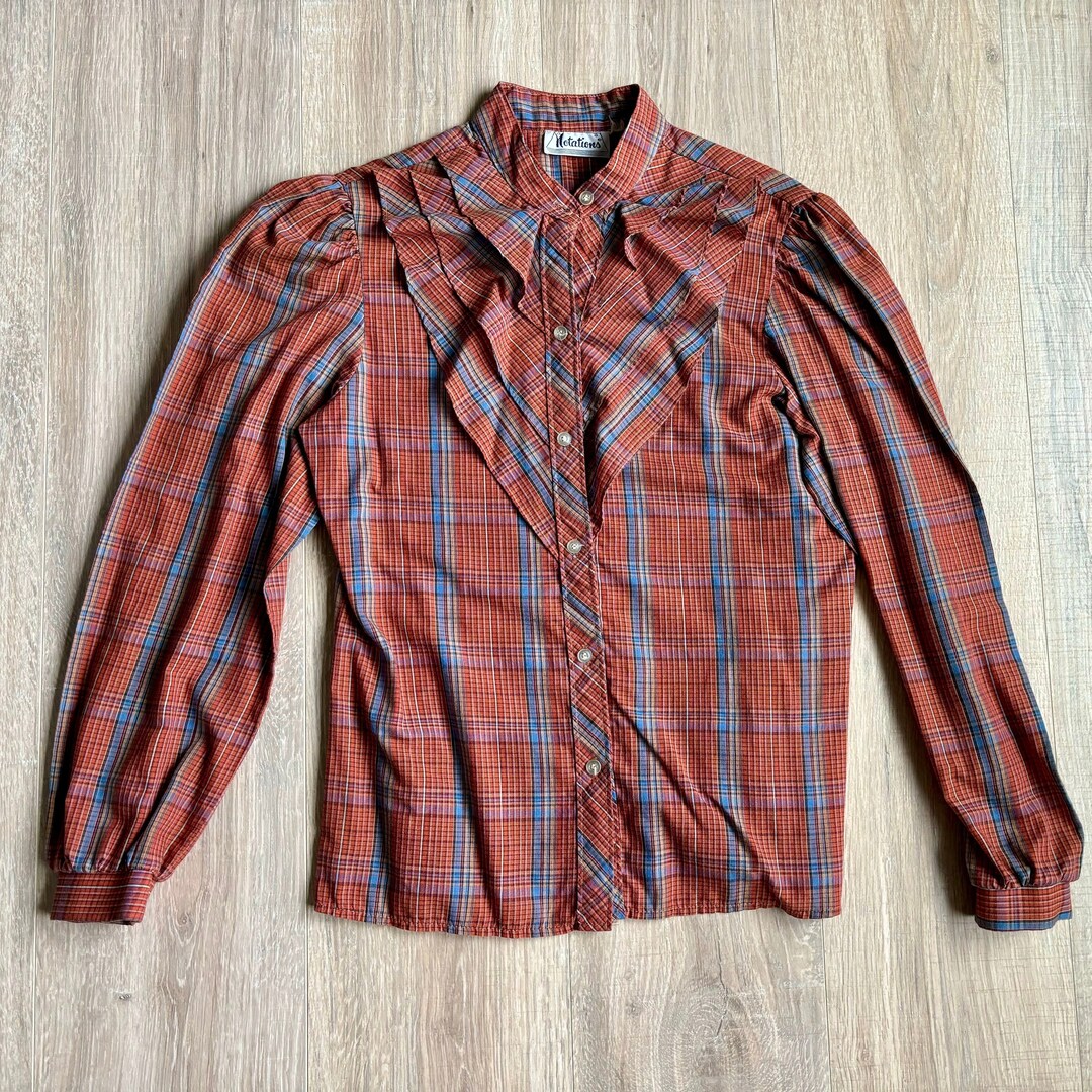 Small Vintage 80s Ruffled Red/blue Plaid Button-up Victorian Secretary ...