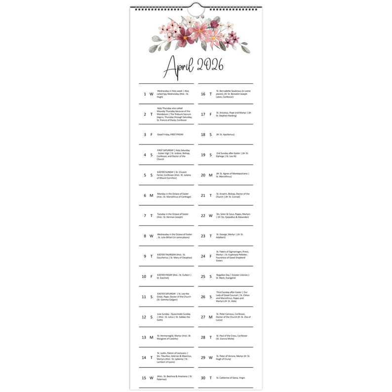 2026 Traditional Latin Mass Catholic Calendar: 5.5x16.5 Full-color List ...