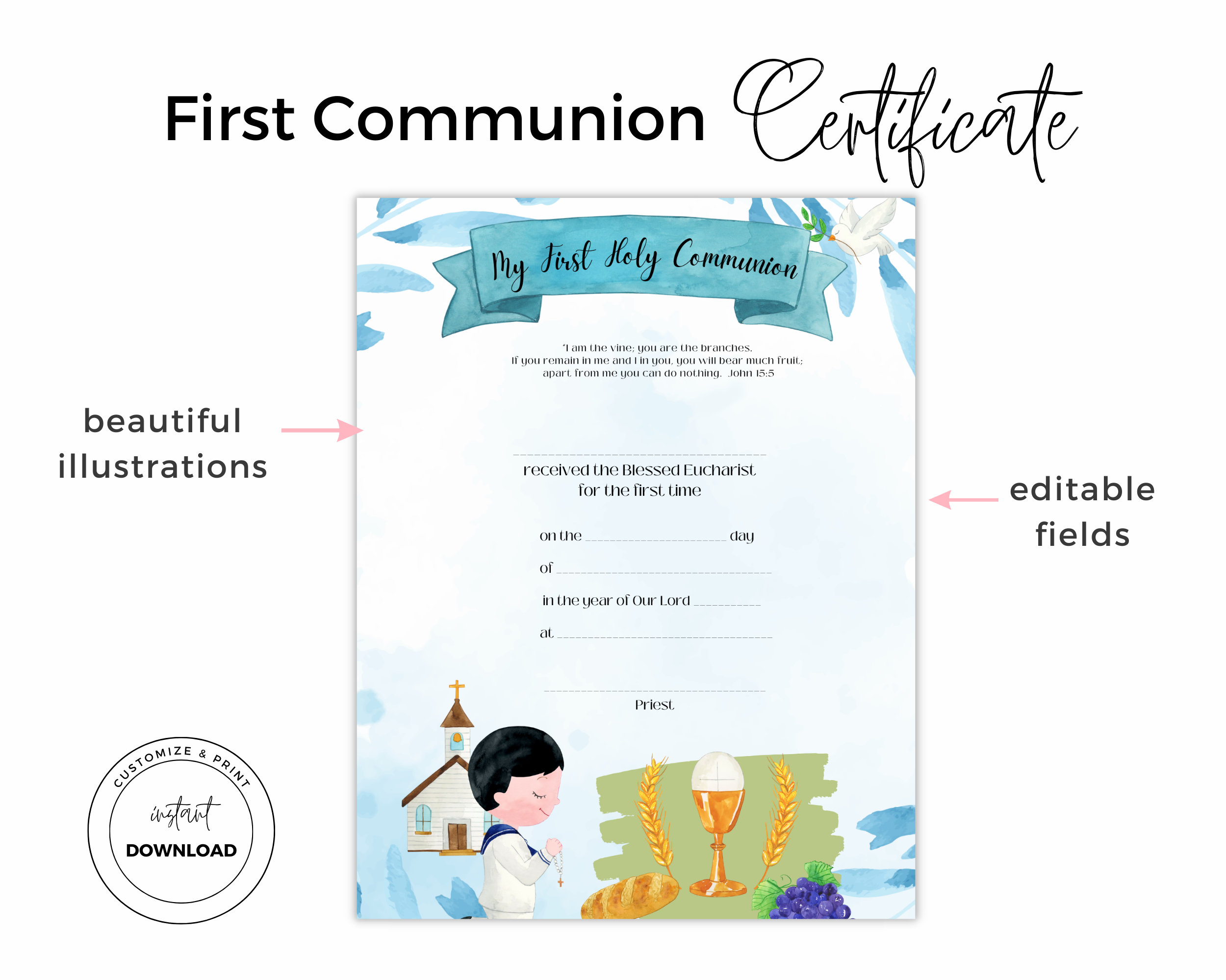 First Communion Certificate for Boys | Editable PDF - Printable A4 ...