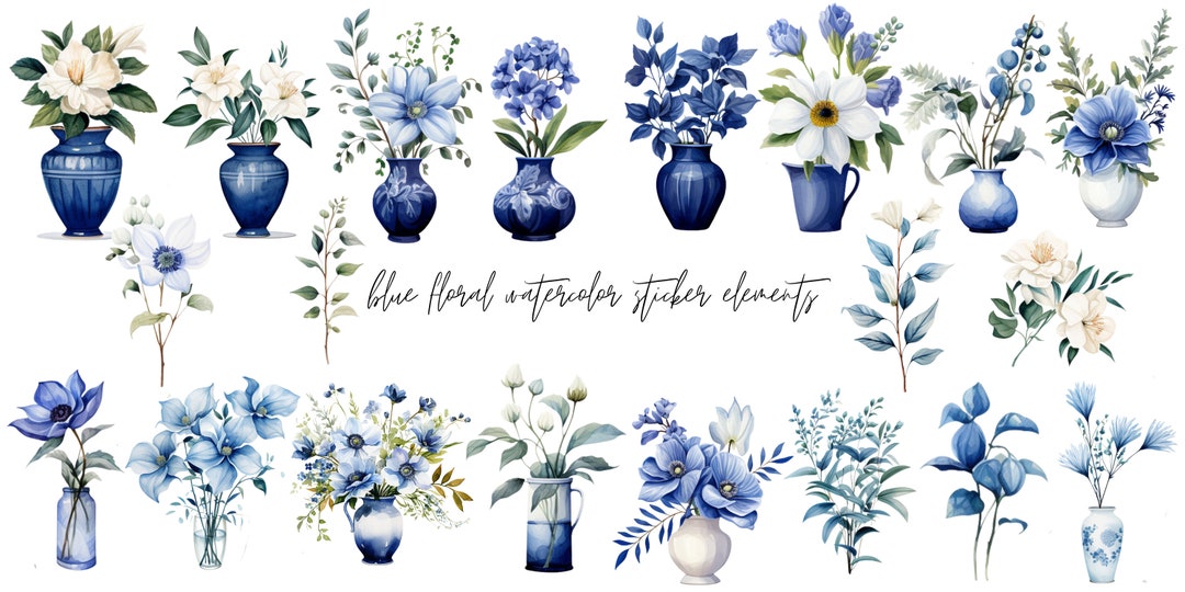 Blue Floral Watercolor Clipart Cutout Elements, PNG FILES ONLY - Etsy