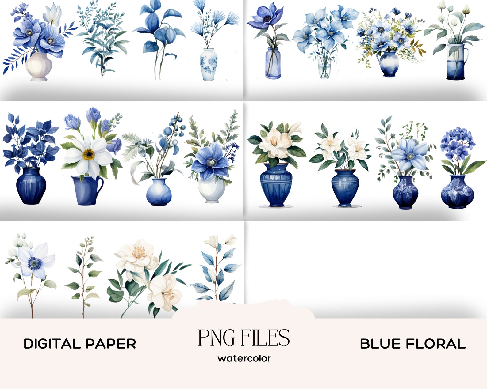Blue Floral Watercolor Clipart Cutout Elements, PNG FILES ONLY - Etsy