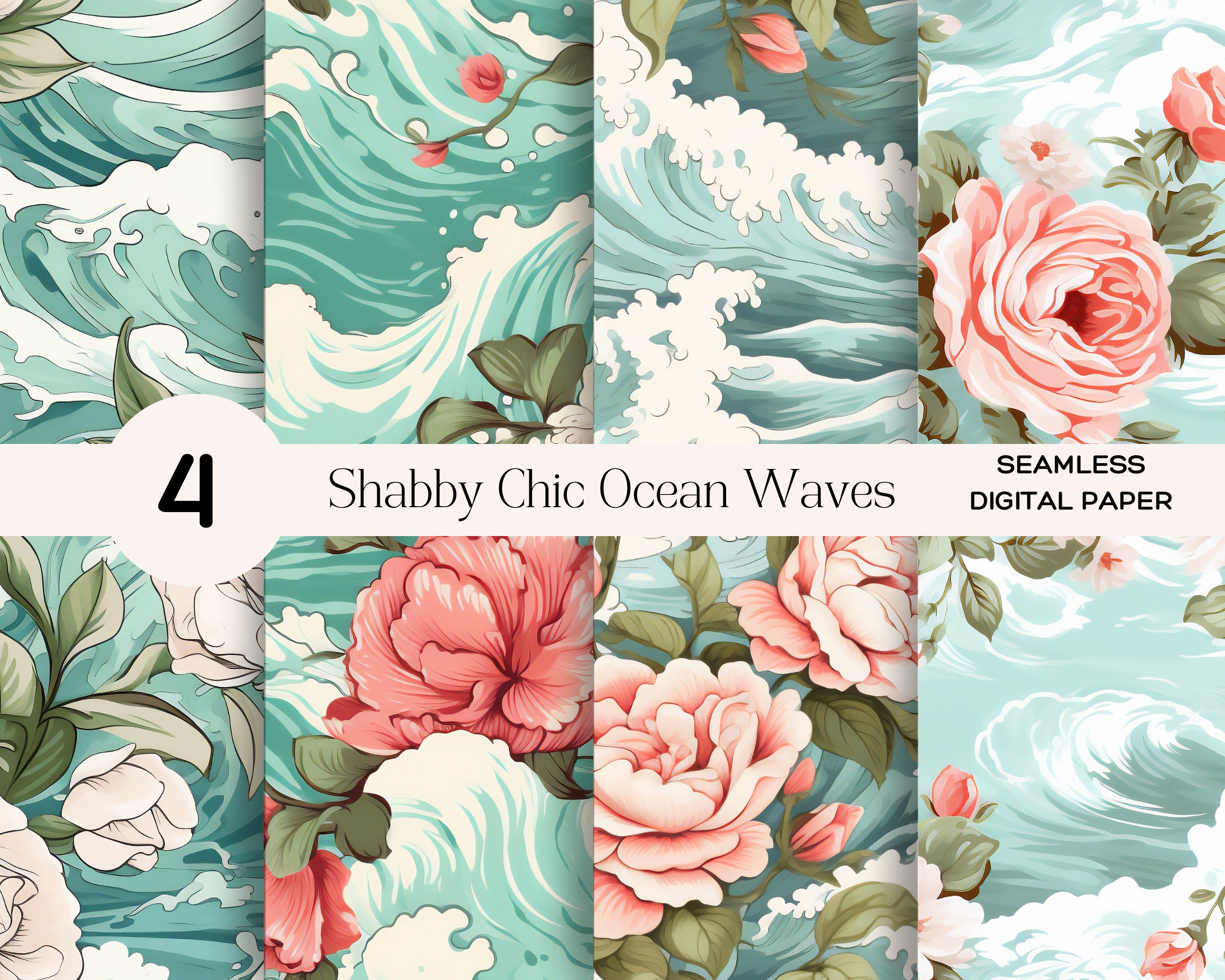 Shabby Chic Ocean Waves and Roses Repeating Pattern Seamless Digital ...