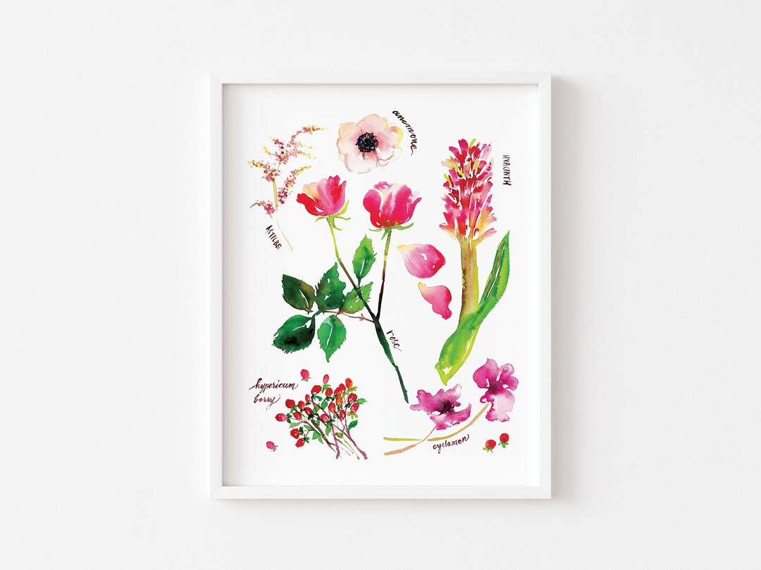 Red & Pink Botanical Rainbow Art Print: Rose Watercolor Spring Decor ...