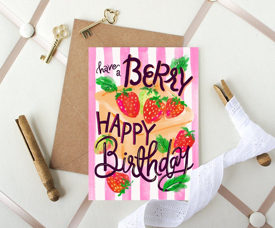 Berry Birthday Card. Happy Birthday Card. Strawberry Art. - Etsy