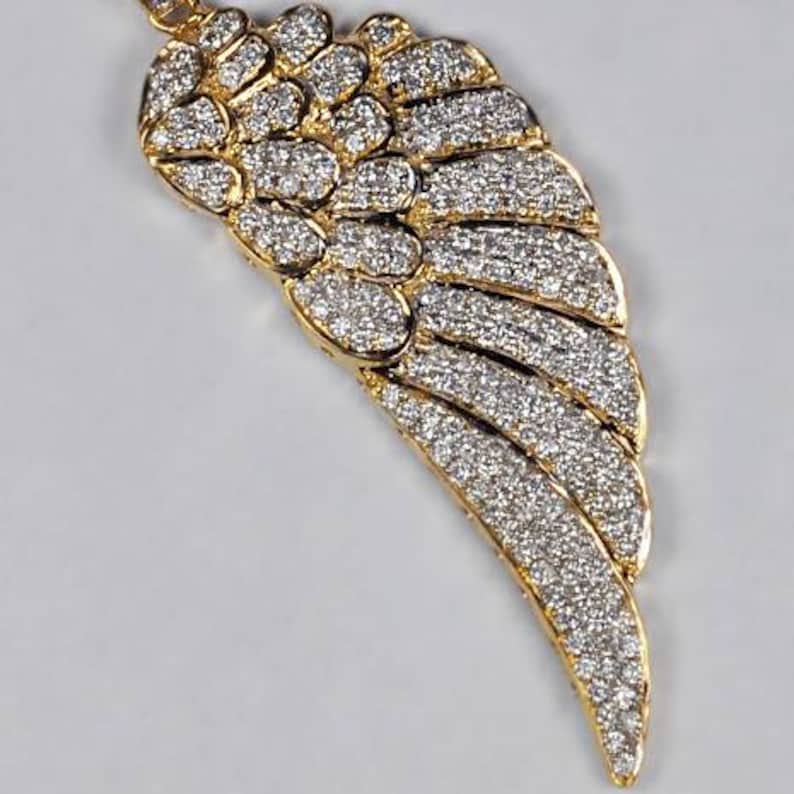Genuine Diamond Angel Wing Mens Pendant, Solid 14K Yellow Gold Feather ...