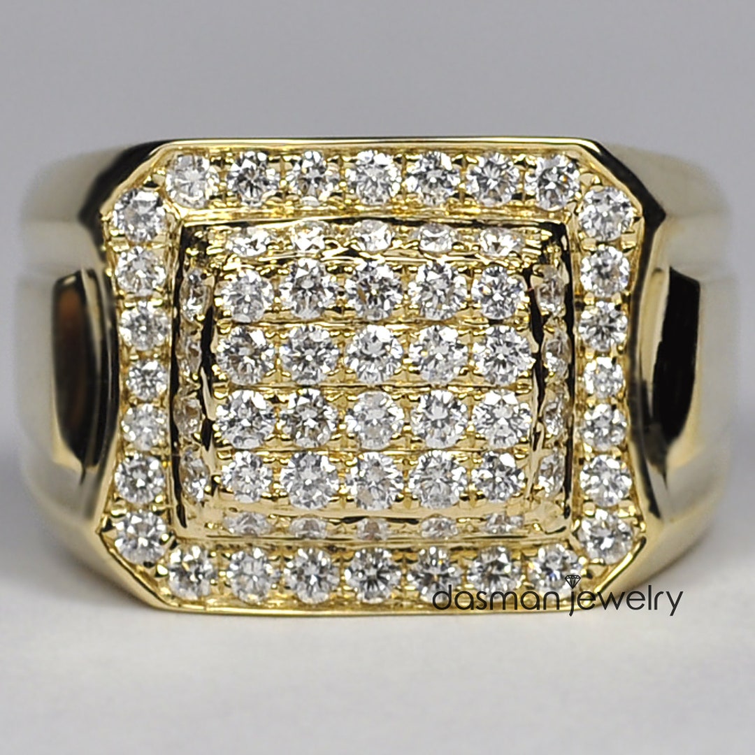 Mens Genuine Diamond Square Pinky Ring - Solid 14K Yellow Gold Heavy ...