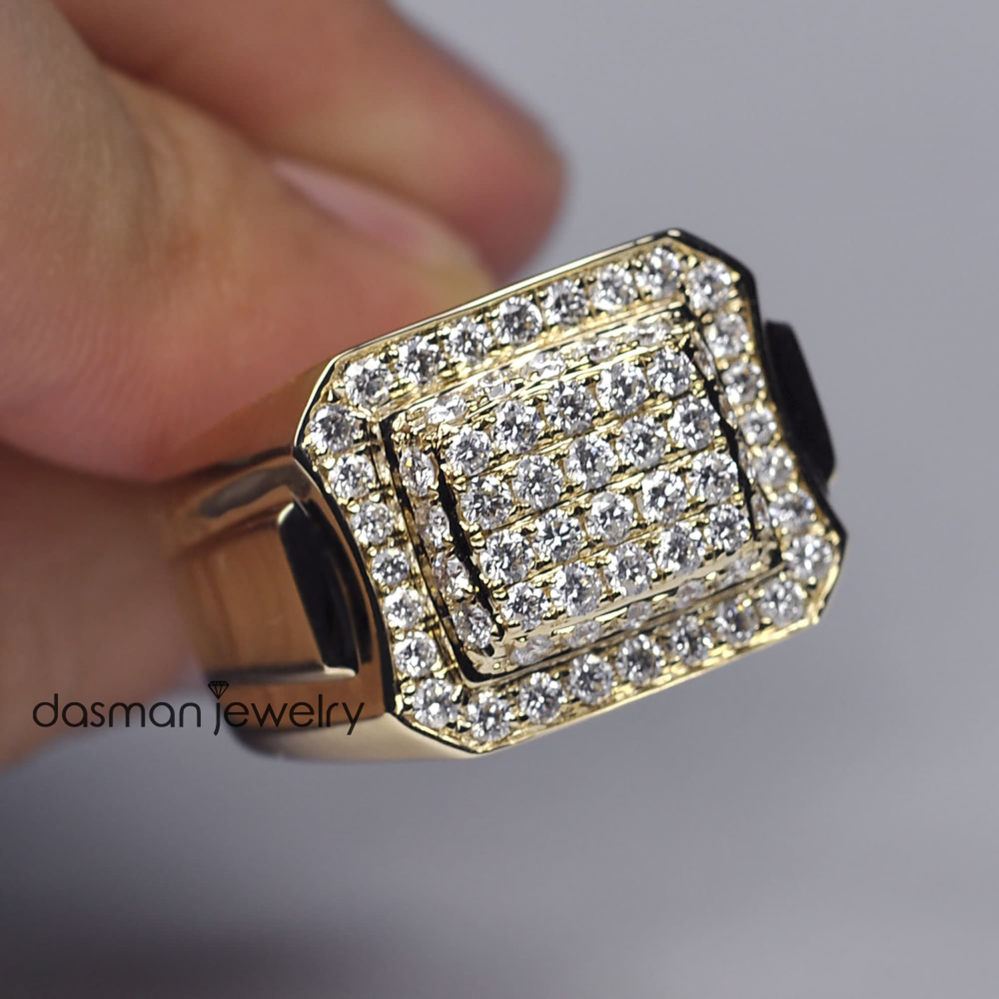 Mens Genuine Diamond Square Pinky Ring - Solid 14K Yellow Gold Heavy ...