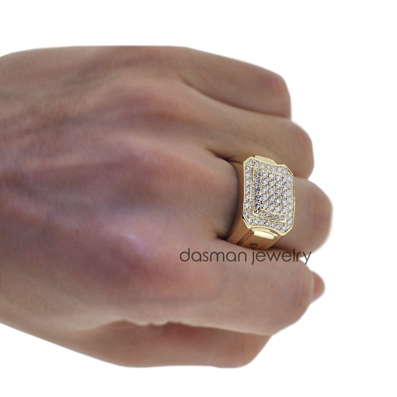 Mens Genuine Diamond Square Pinky Ring - Solid 14K Yellow Gold Heavy ...