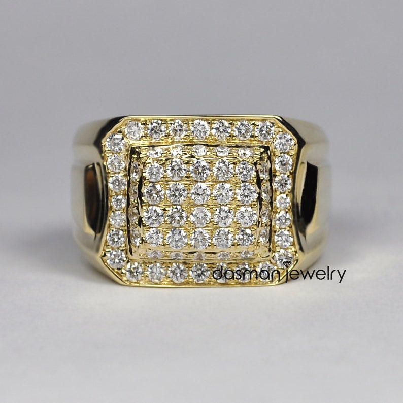 Mens Genuine Diamond Square Pinky Ring - Solid 14K Yellow Gold Heavy ...